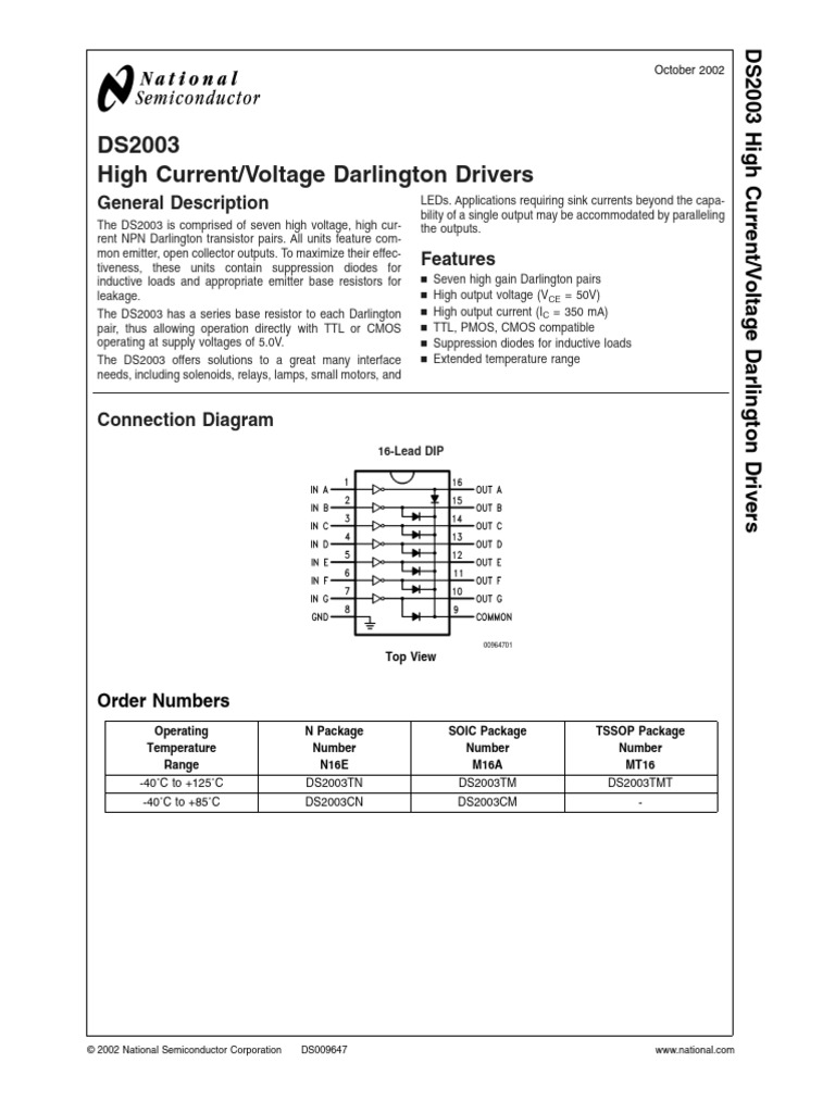DS2003 High Current, High Voltage Darlington Drivers | PDF