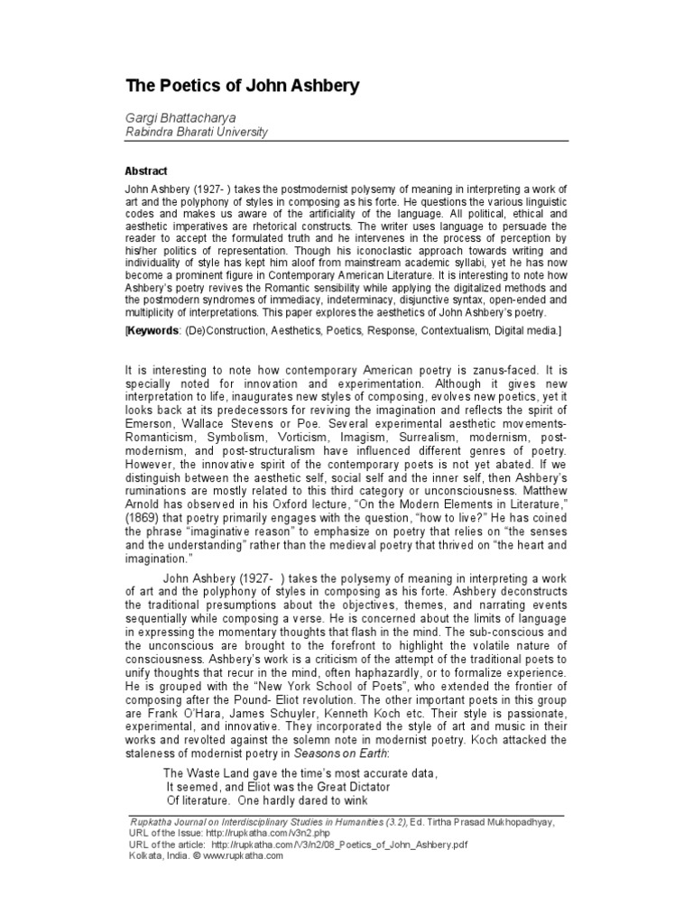 08 Poetics of John Ashbery | PDF | Postmodernism | Poetry