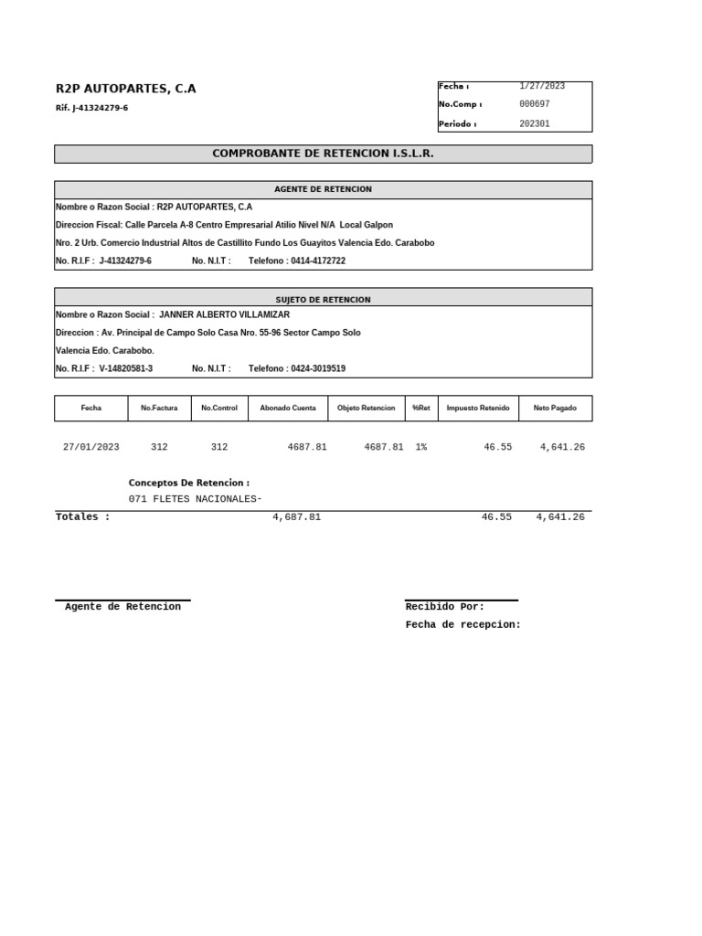 modelo de comprobante de ret islr | PDF
