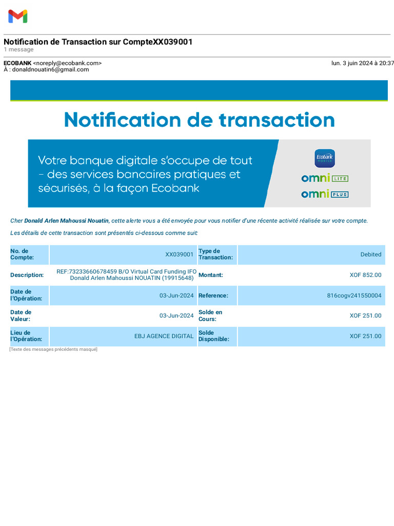 Gmail - Notification de Transaction Sur CompteXX039001 | PDF