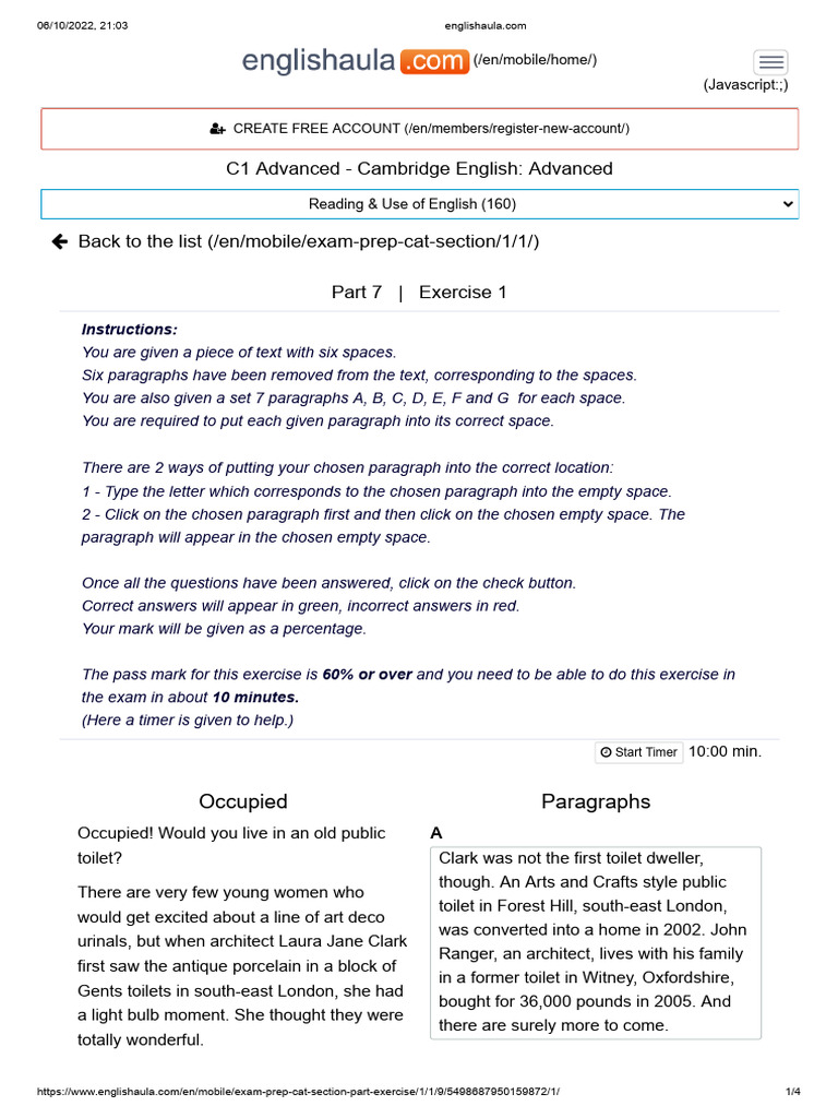 C1 Advanced - Cambridge English: Advanced: Occupied Paragraphs | PDF