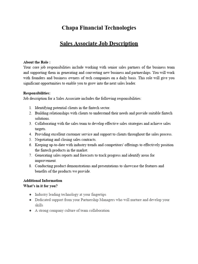 Job Description For A Sales Associate | PDF