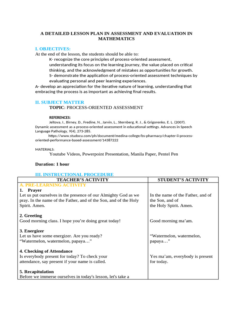 A Detailed Lesson Plan Assessment and Evaluation | PDF | Learning ...
