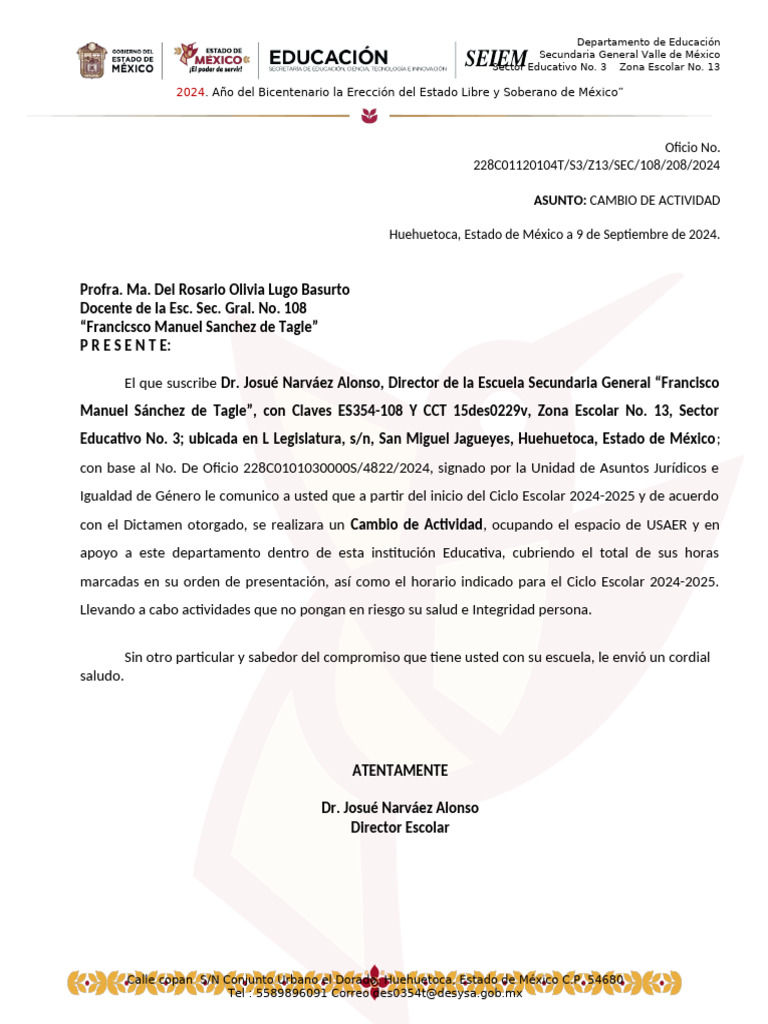 Oficio Cambio de Actividad | PDF