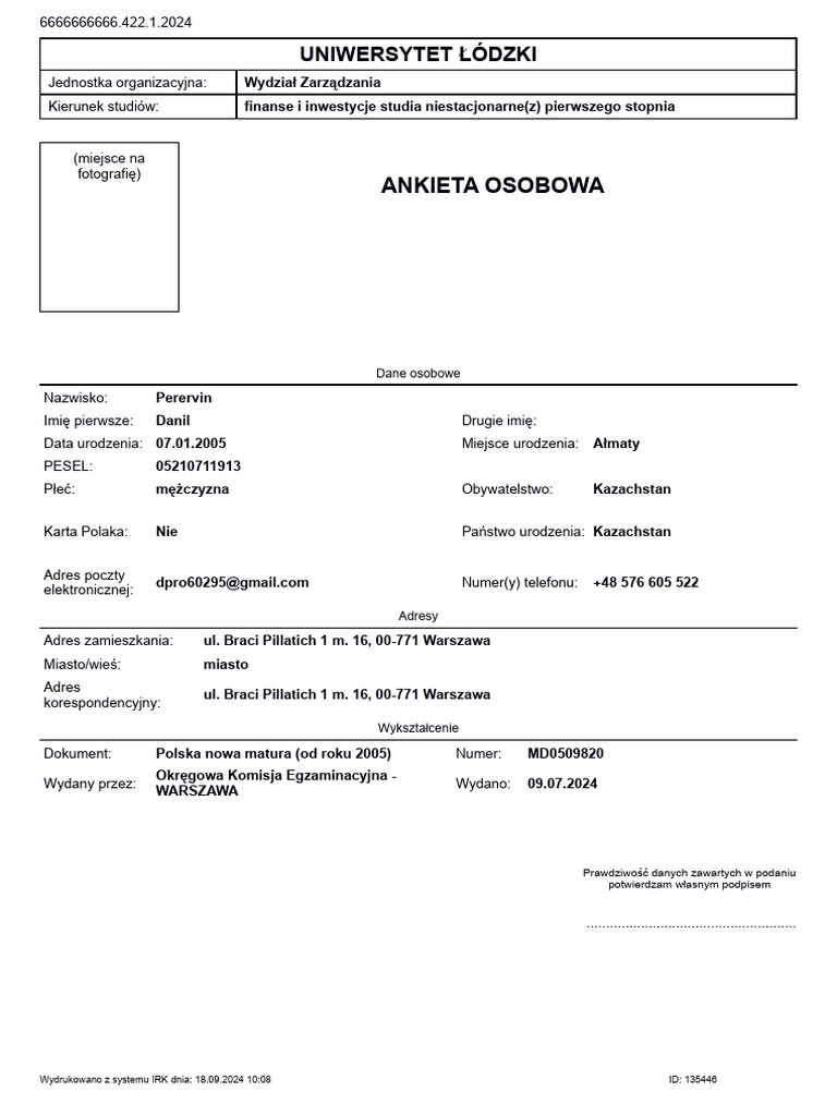 Ankieta Osobowa | PDF