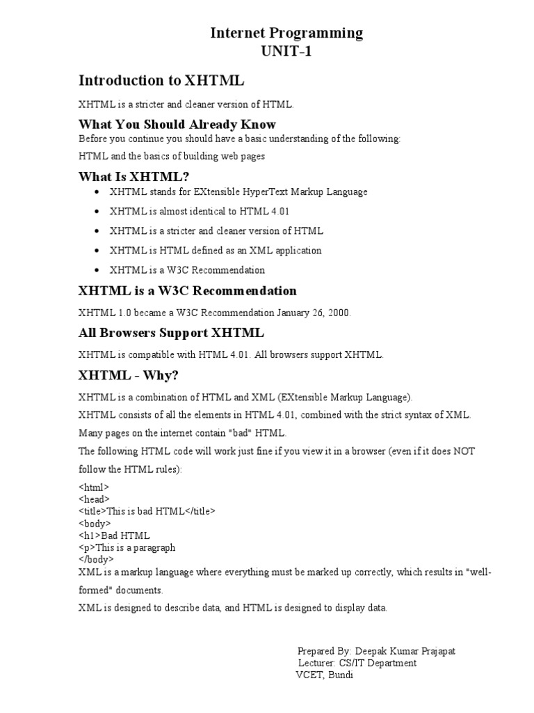 Internet Programming UNIT-1 Introduction To XHTML: What You Should ...