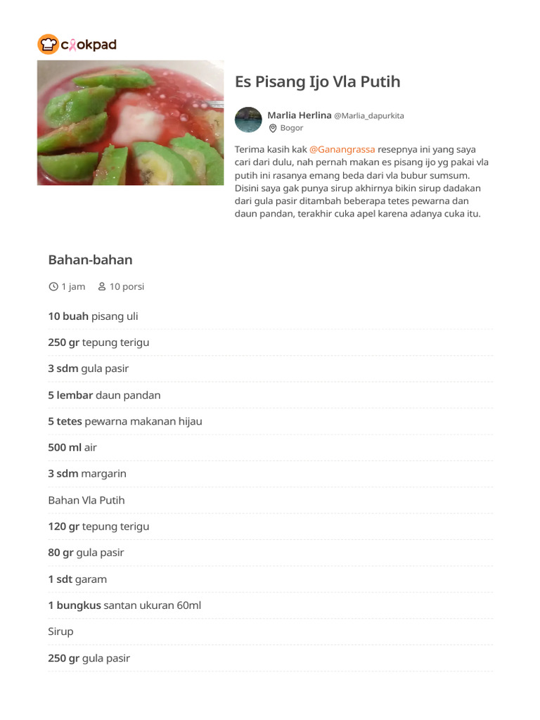 Resep Es Pisang Ijo Vla Putih Oleh Marlia Herlina - Cookpad | PDF