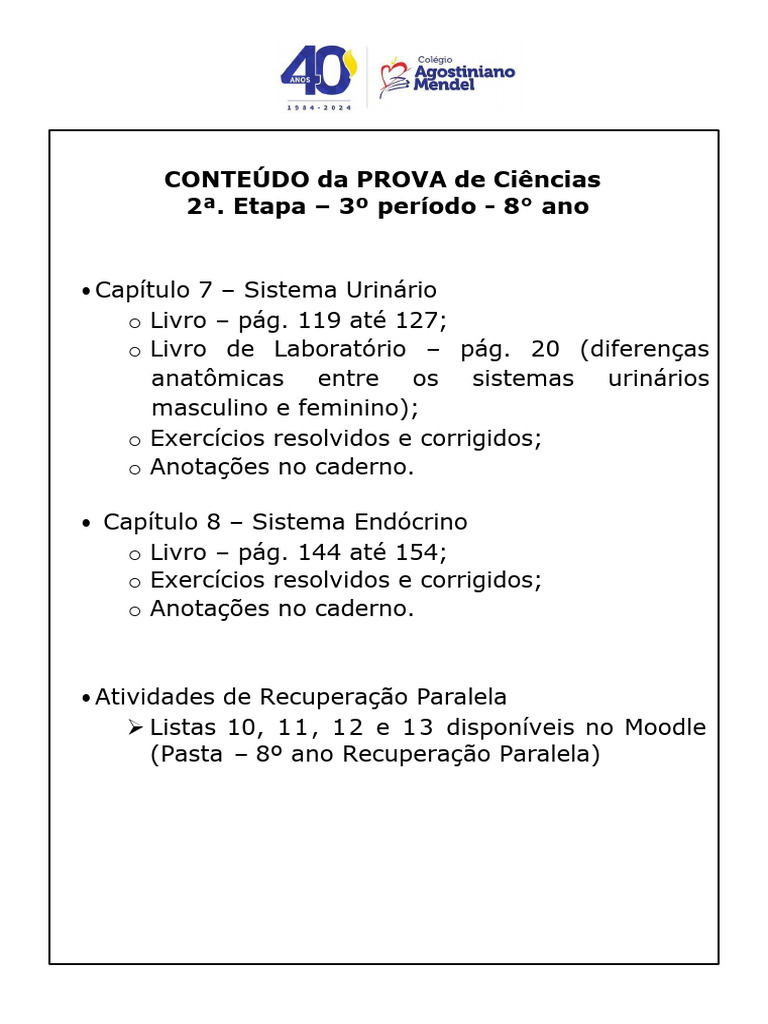 Conteúdo Da Prova - Ciências - 2º Etapa - 3º Período - 6,0 Pontos | PDF