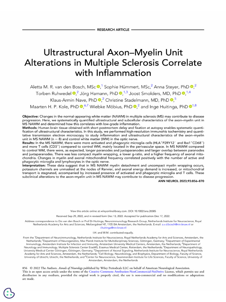 Ultrastructural Axon-Myelin Unit Alterations in Multiple Sclerosis Correlate With Inflammation | PDF
