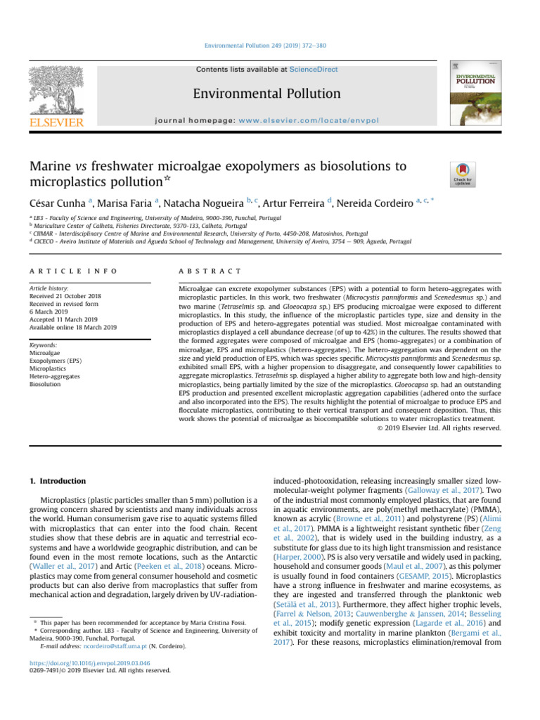 Marine Vs Freshwater Microalgae Exopolymers As Biosolutions To Microplastics Pollution | PDF