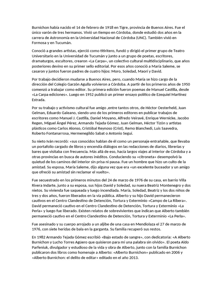 Burnichon Había Nacido El 14 de Febrero de 1918 en Tigre | PDF