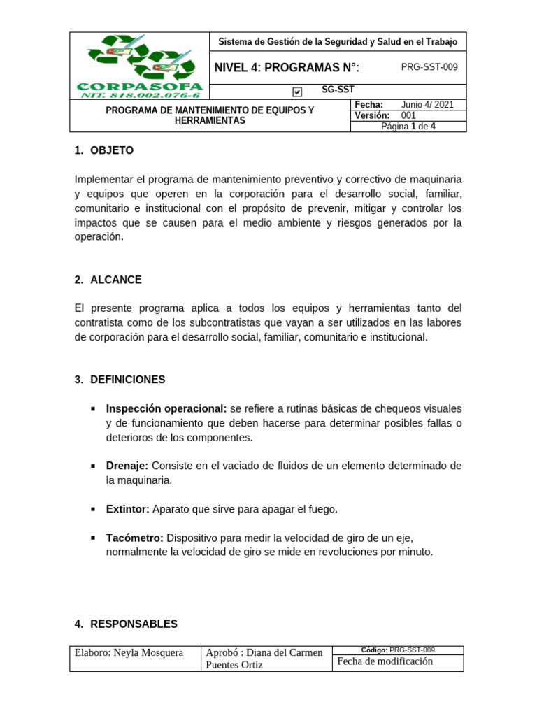 PRG-SST-009 Programa de Mantenimiento de Equipos y Herramientas | PDF