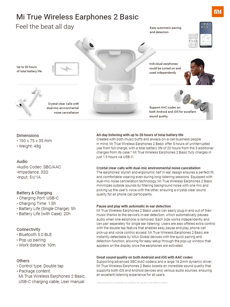Mi True Wireless Earphones 2 Basic Onepager | PDF