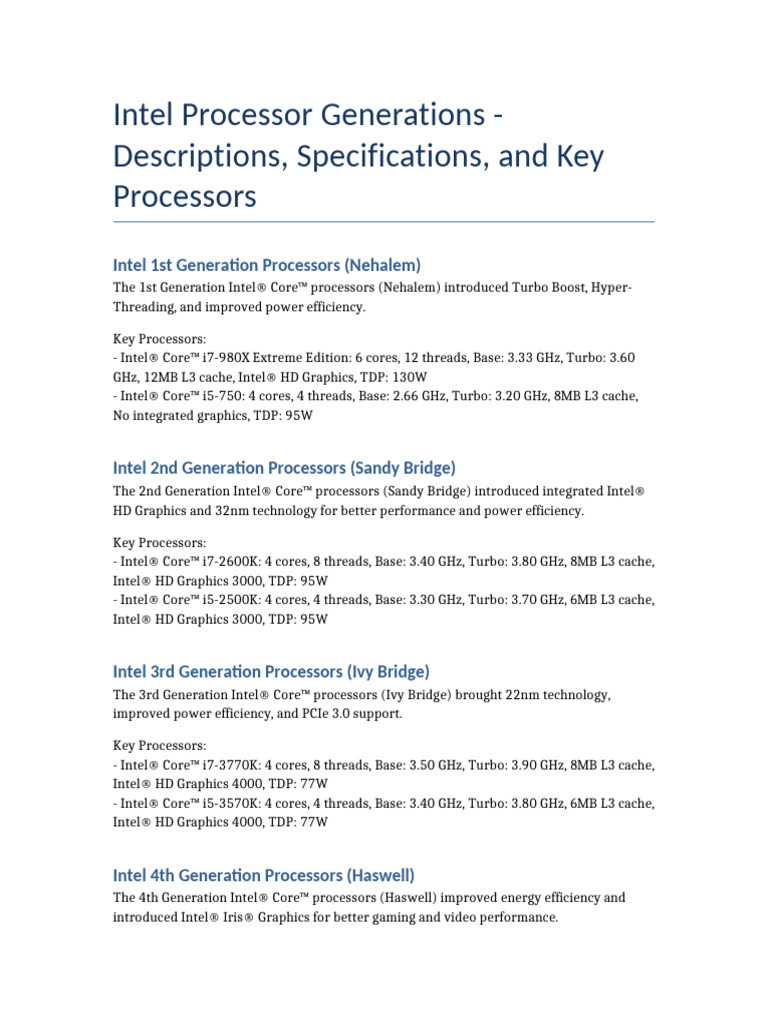 Intel Processor Generations With Key Processors and Specs | PDF