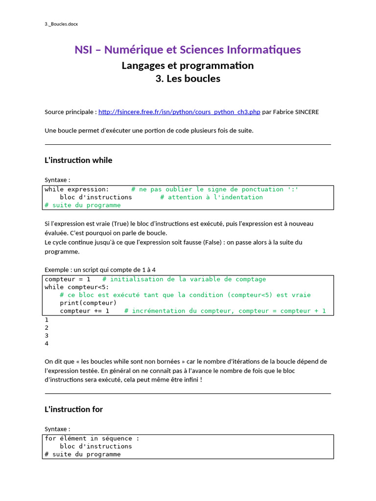 NSI - Numérique Et Sciences Informatiques: Langages Et Programmation 3. Les Boucles | PDF