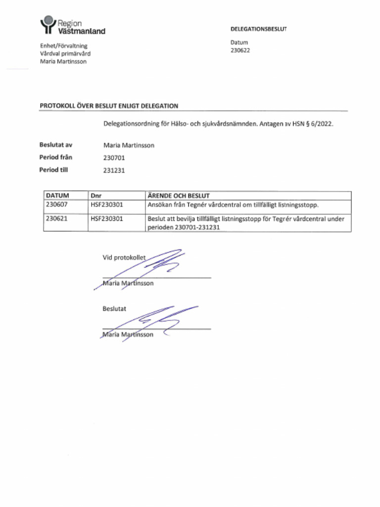 Bilaga 1 Anmälan Protokoll Över Beslut Enligt Delegation | PDF