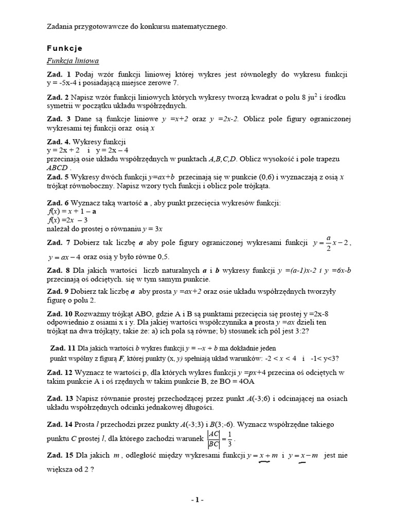 Zad. 1 Zad. 2 Zad. 3 Zad. 4.: Funkcja Liniowa | PDF