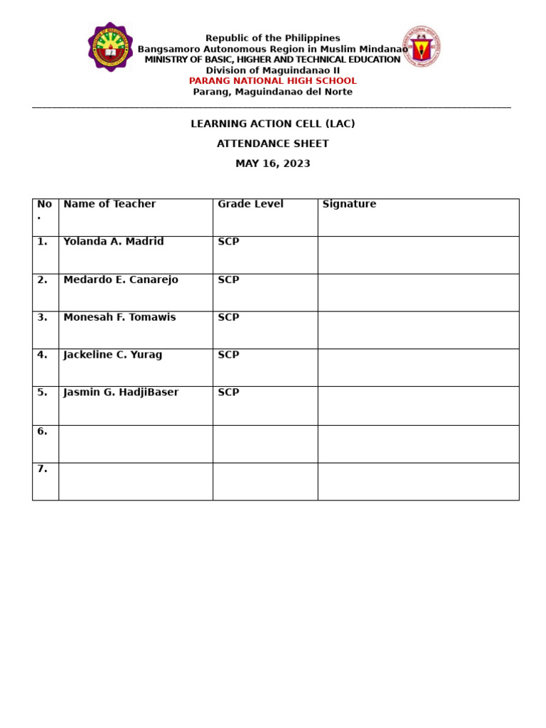 Attendance Sheet LAC Session | PDF