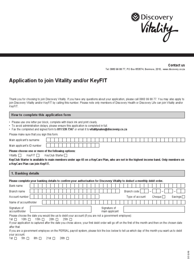 Vitality and Keyfit Application Form | Cheque | Discovery (Law)