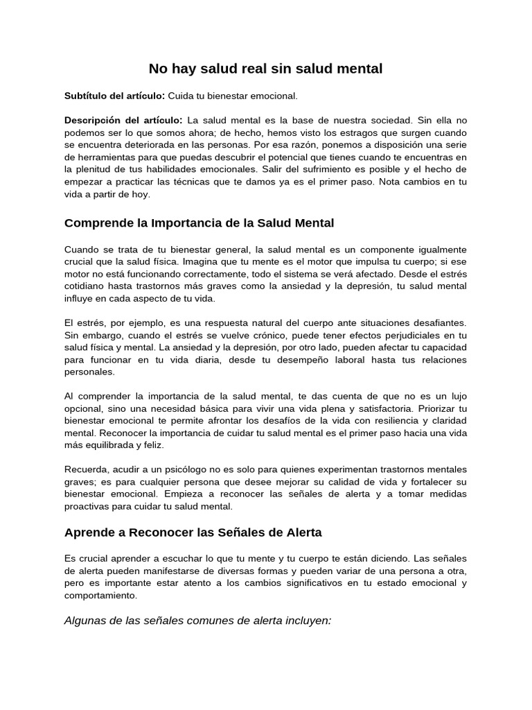 Artículo. No Hay Salud Real Sin Salud Mental. | PDF