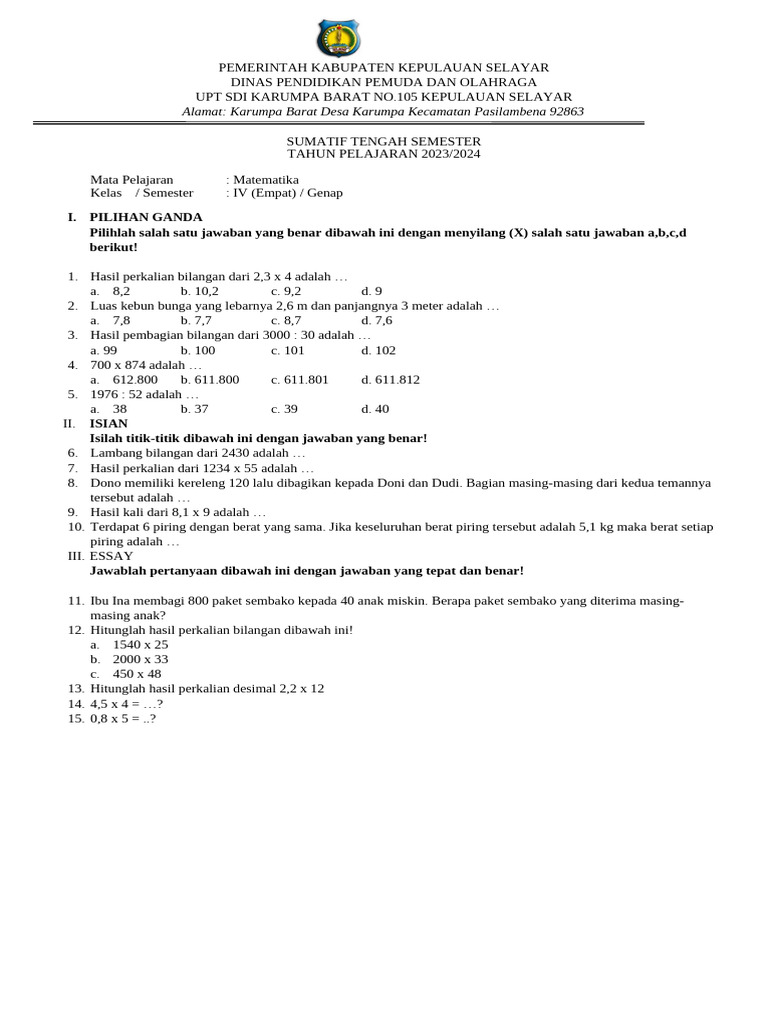 Soal STS 2 Matematika Kelas Iv Ikm | PDF