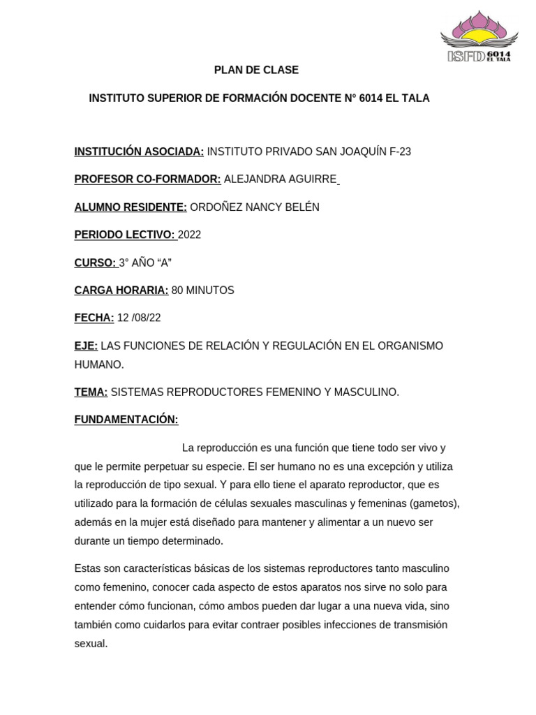 Plan de Clase. Sistema Reproductor Femenino | PDF