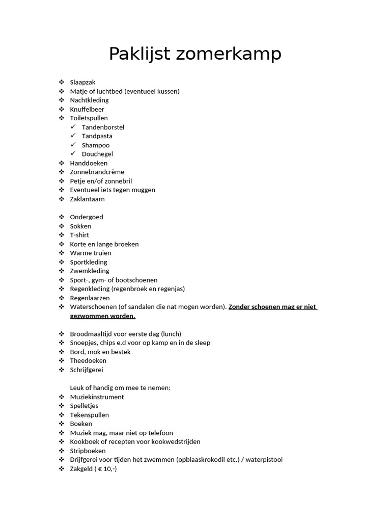 Paklijst zomerkamp | PDF