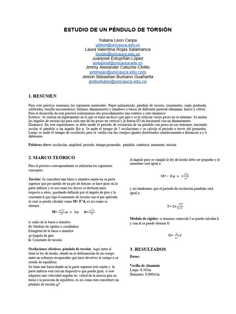 Pre Informe Péndulo de Torsión | PDF