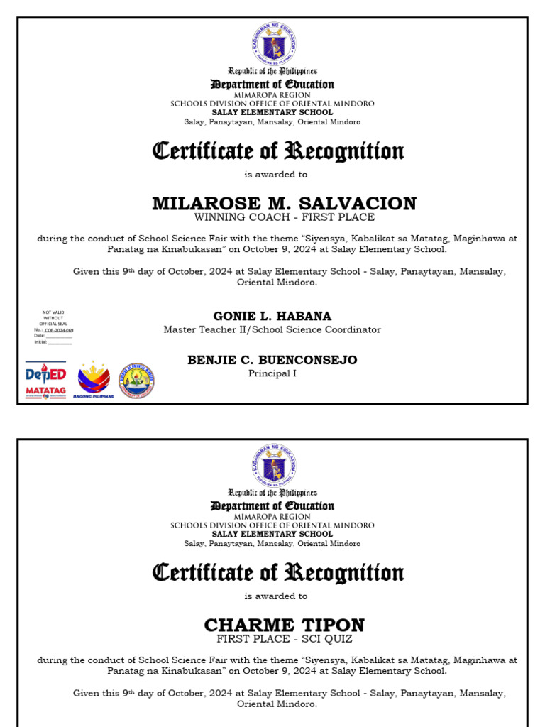 School Science Camp Sample Certificate | PDF | Government | Philippines