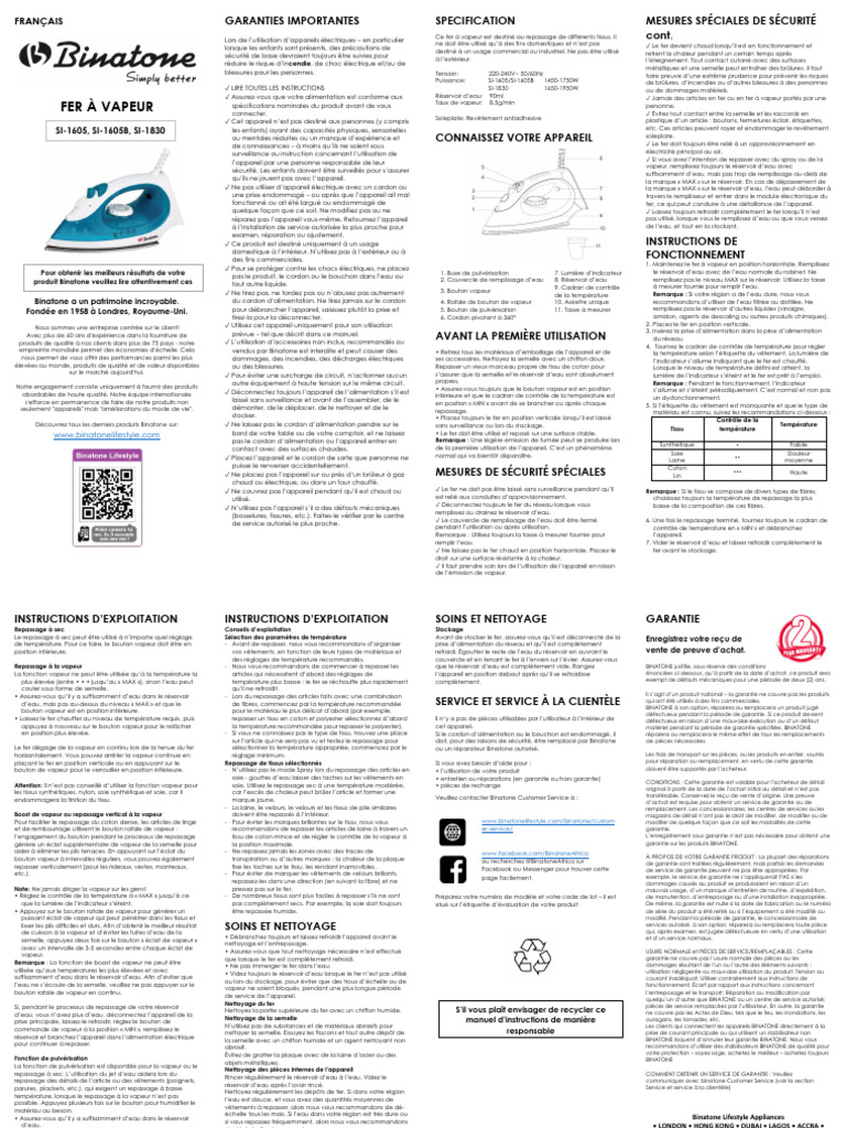 SI 1605 SI 1605B SI 1830 Steam Iron R4 IB Four Fold Format FRE | PDF