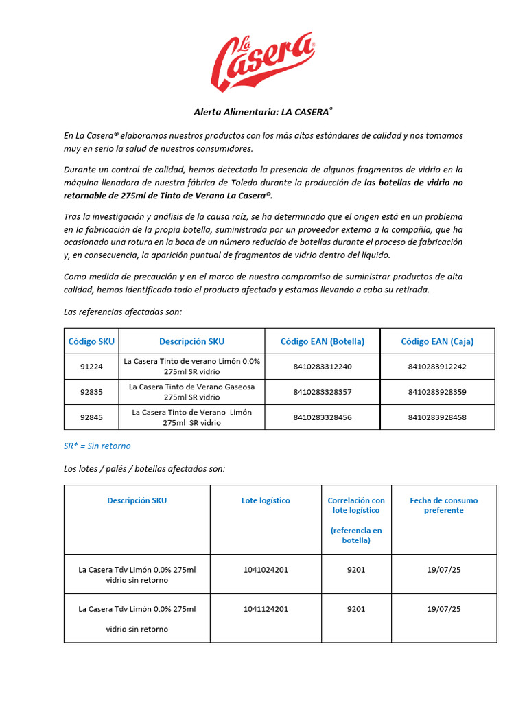 Alerta Alimentaria La Casera Actualizado 2 9 | PDF