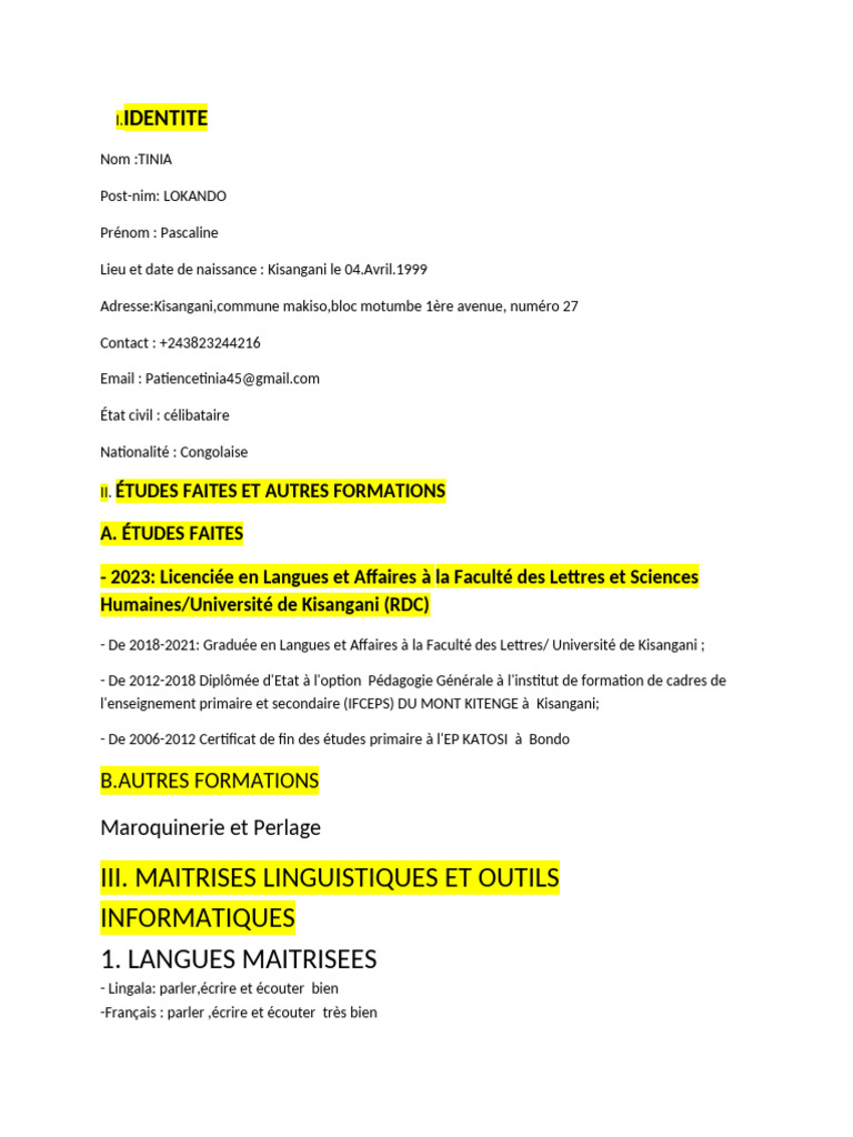 Identite: Iii. Maitrises Linguistiques Et Outils Informatiques 1 ...