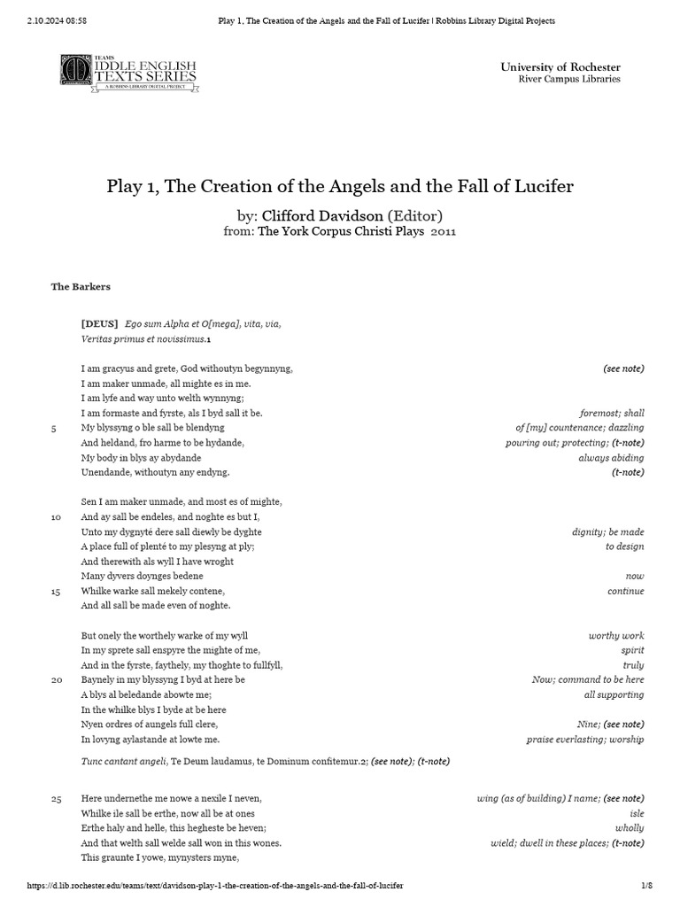 Play 1, The Creation of The Angels and The Fall of Lucifer - Robbins ...