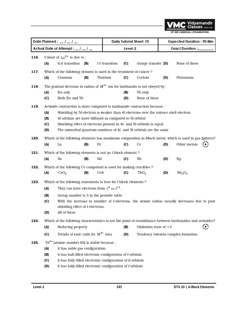D-Block Elements - DTS 10 | PDF