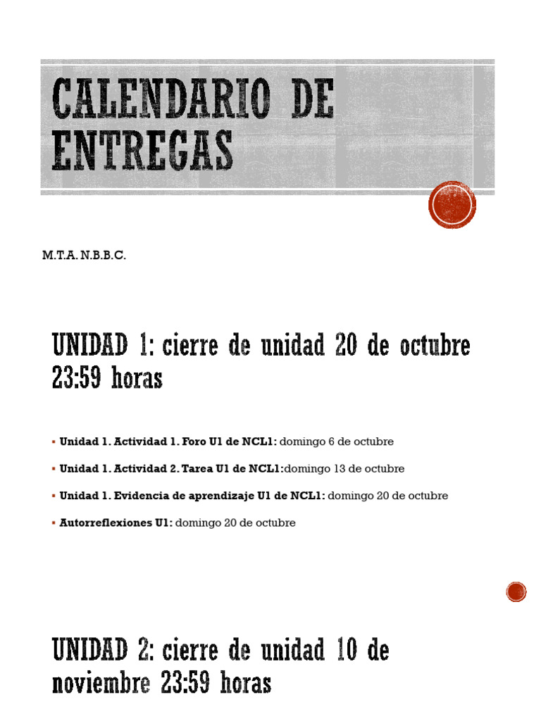 Calendario de Entregas y Cierre de Unidades NCL1 | PDF