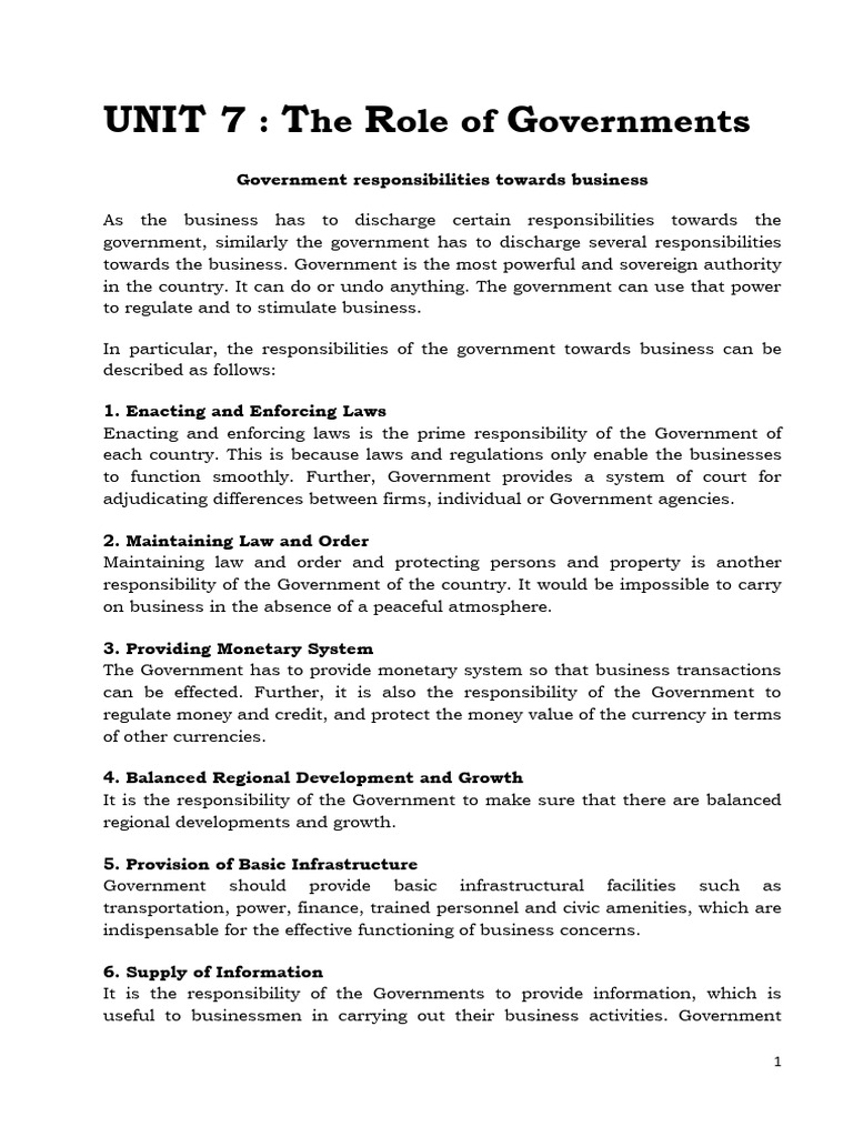 Unit 7 - The Role of Governments | PDF
