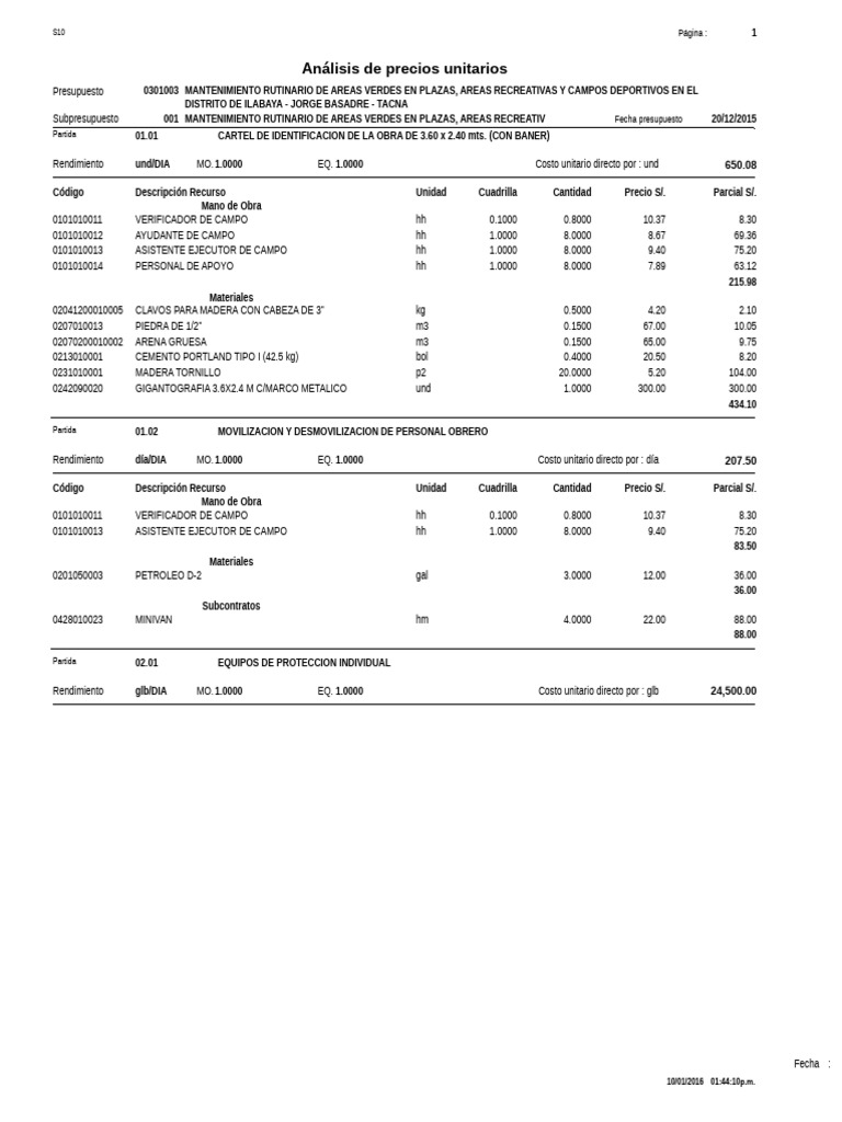 Análisis de Precios Unitarios: Página | PDF
