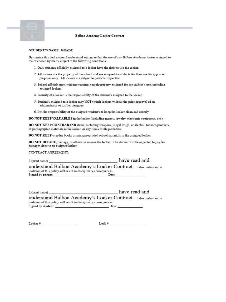 Balboa Academy Locker Contract | PDF