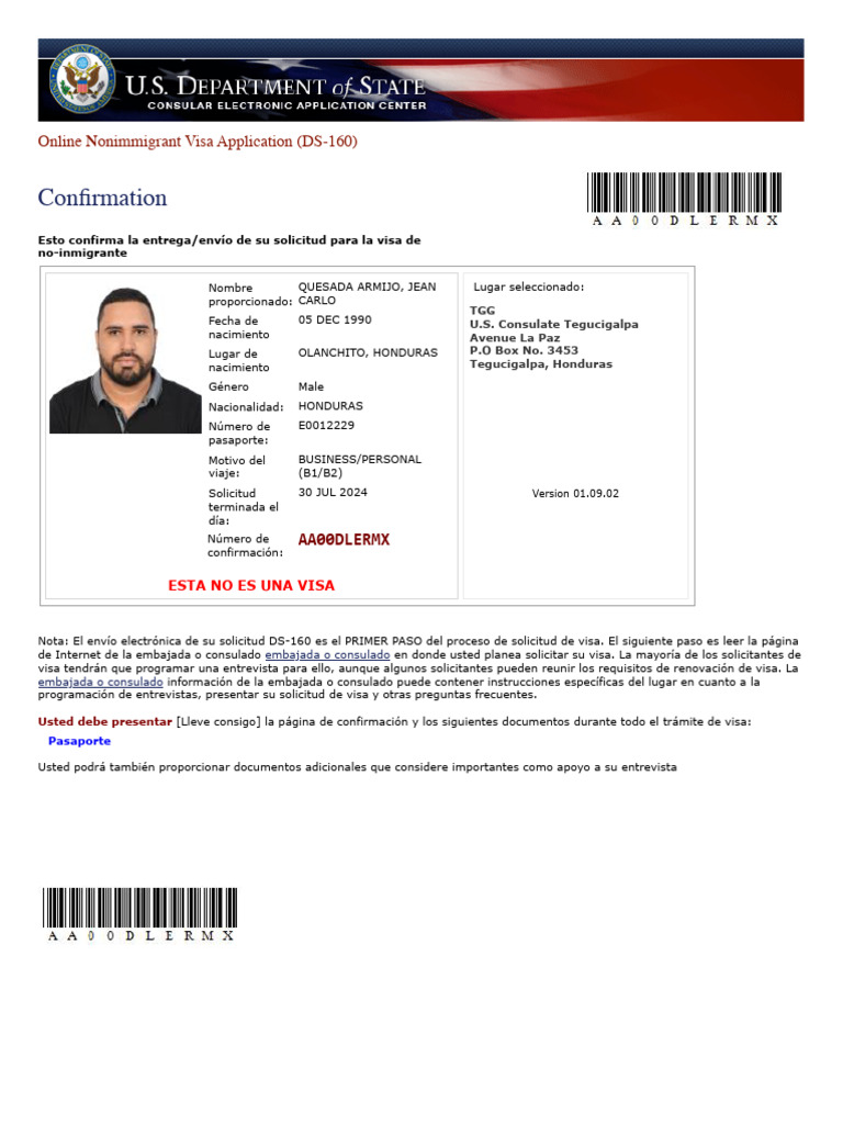 Confirmación DS160 | PDF