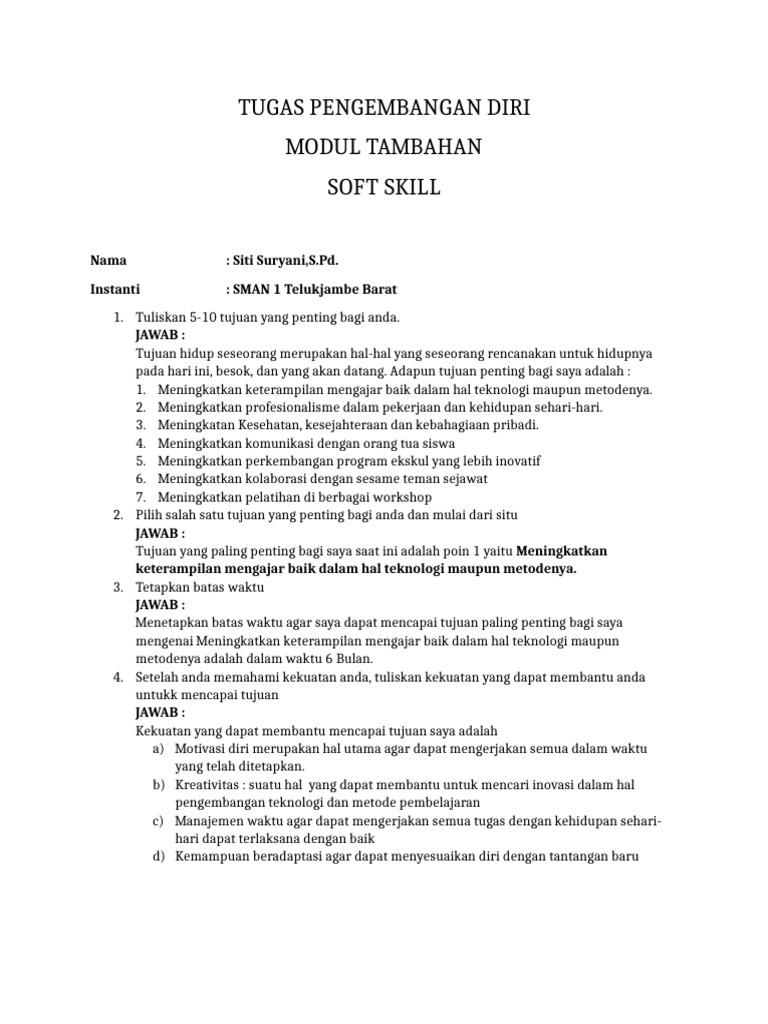 TUGAS SOFT SKILL Siti Suryani, S.PD SMAN 1 TELUKJAMBE BARAT | PDF