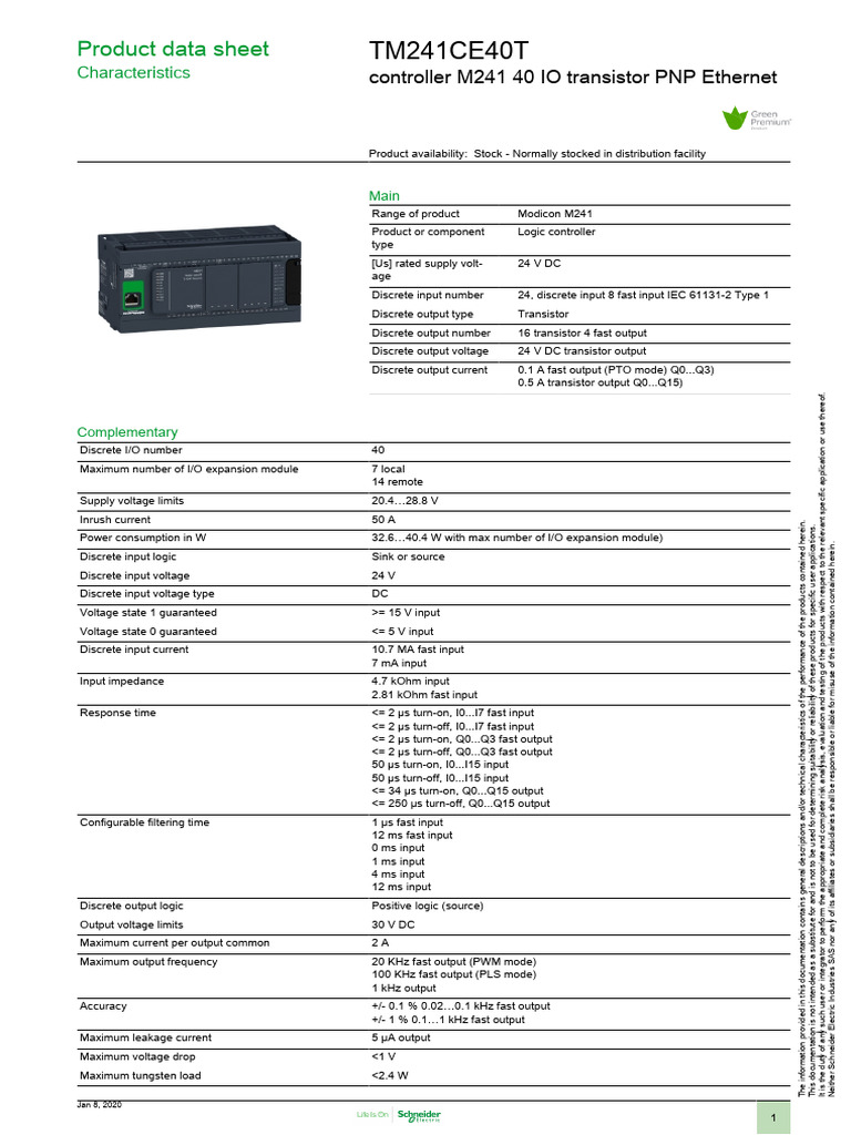 Schneider Electric TM241CE40T Datasheet | PDF