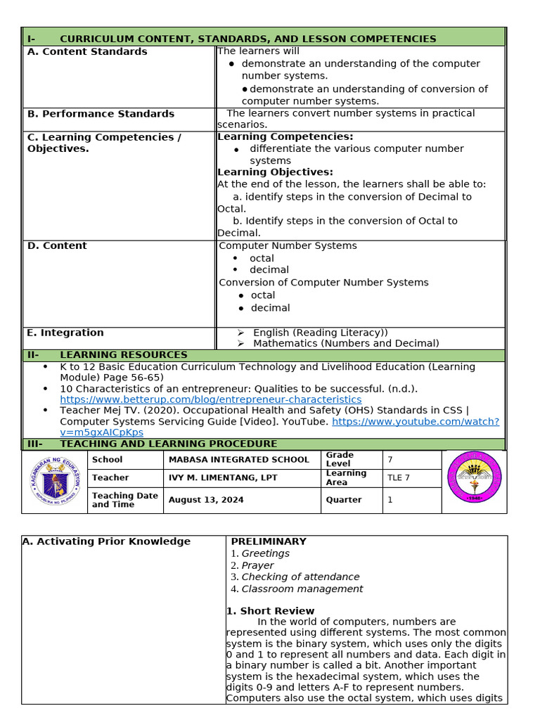 Tle 7 DLP 10 Octal Number System | PDF