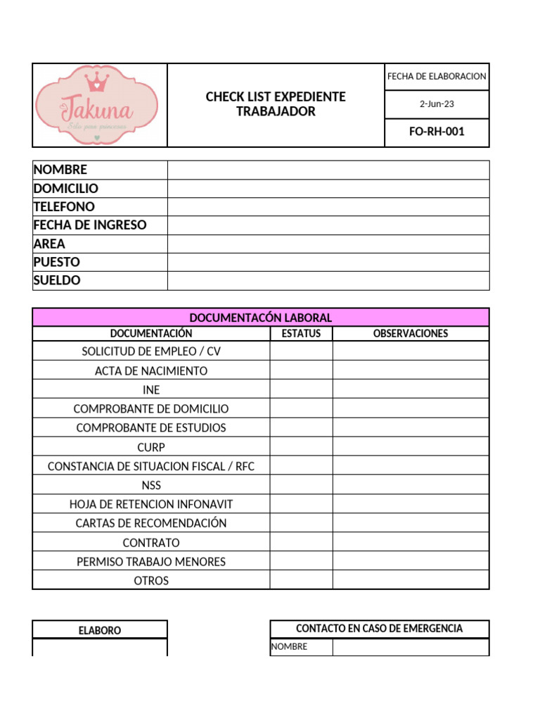 Fo-Rh-001 Check List Expediente Del Trabajador | PDF