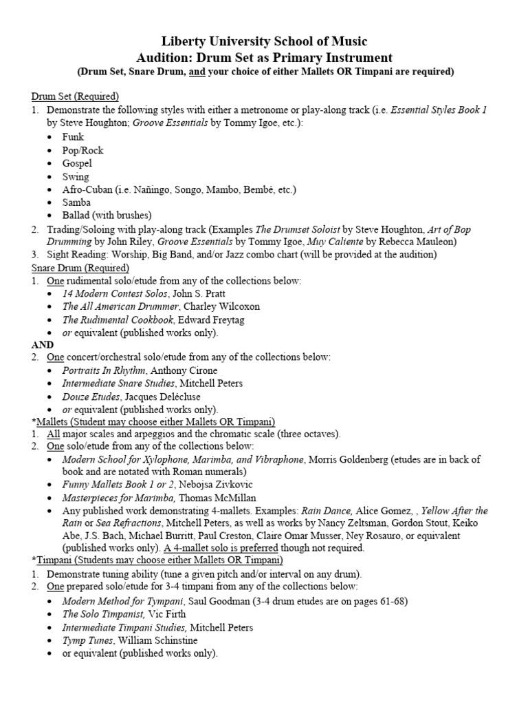 Liberty University Percussion and Drum Set Studio Audition Document | PDF