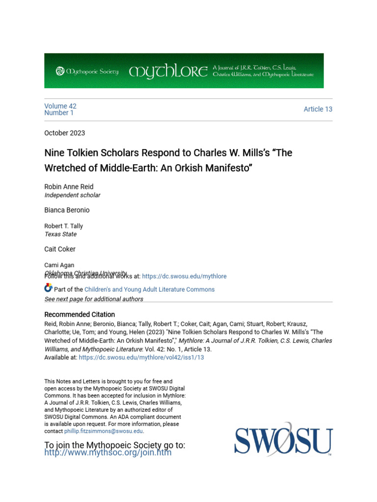Nine Tolkien Scholars Respond To Mills | PDF