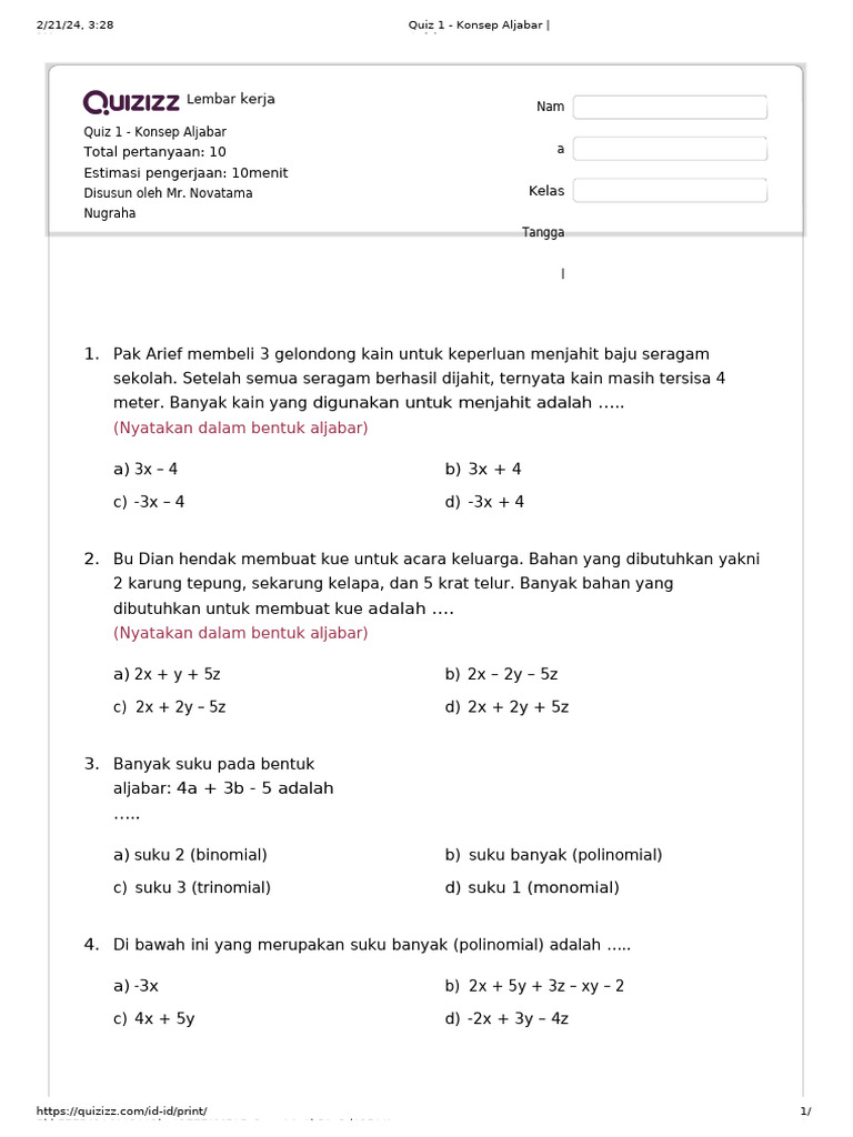 Quizizz - Quiz 1 - Konsep Aljabar | PDF