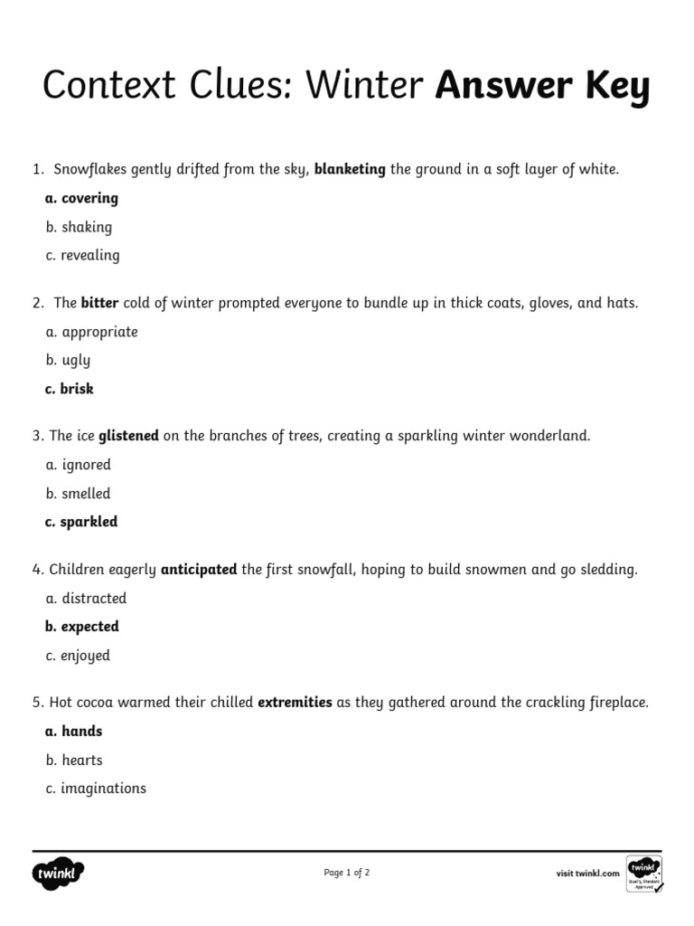 answer key Word Detective- Context Clues Winter Activity for 6th-8th ...