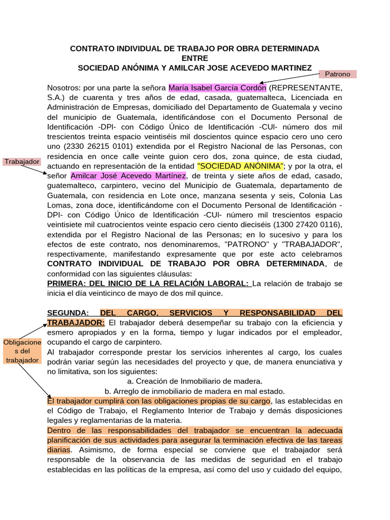 Contrato Por Obra Determinada Subrayado | PDF
