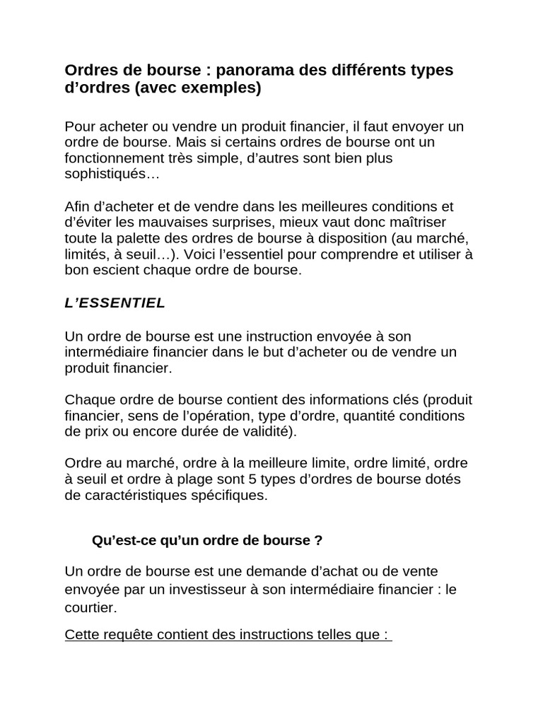 Ordres de Bourse Panorama Des Différents Types D'ordres (Avec Exemples) | PDF
