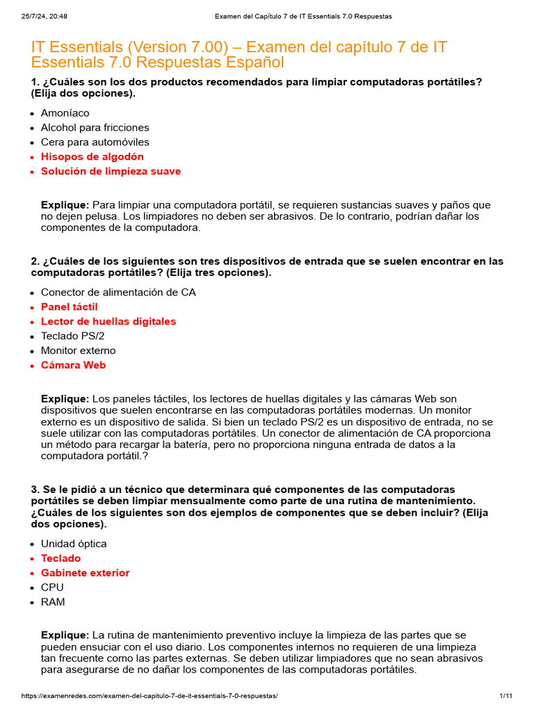 Examen Del Capítulo 7 De It Essentials 7 0 Respuestas Pdf